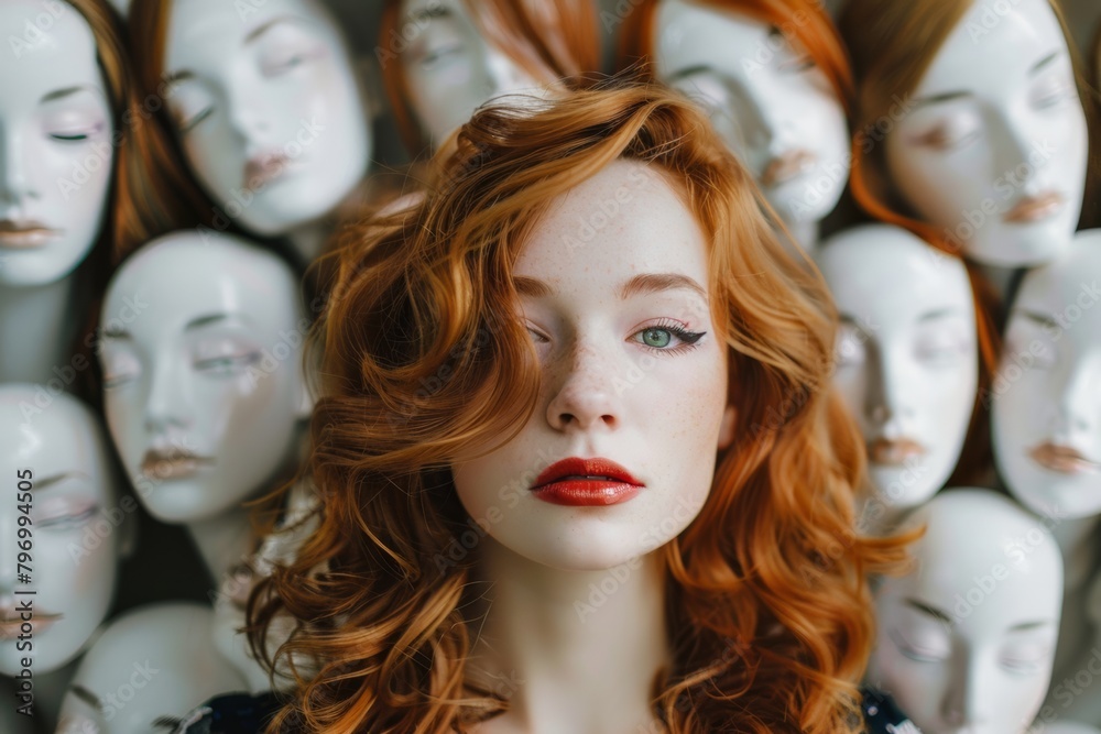red hair woman among white mannequins. Uncanny valley effect. AI ...