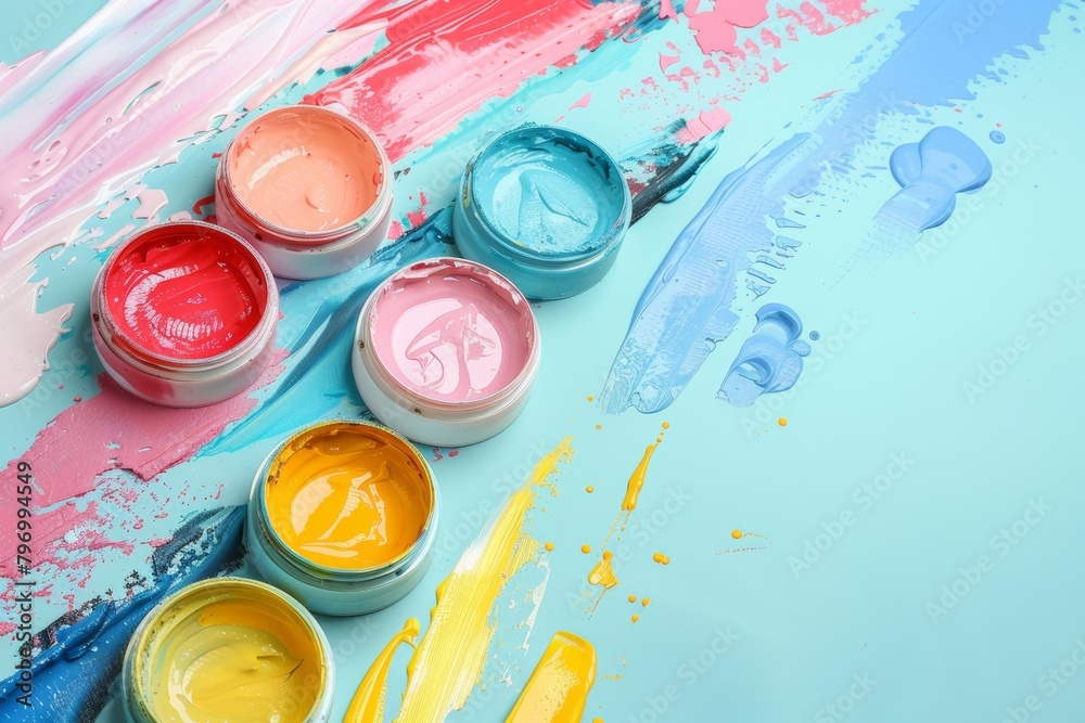 paint jars of pastel color paint strokes of vibrant color palette ...