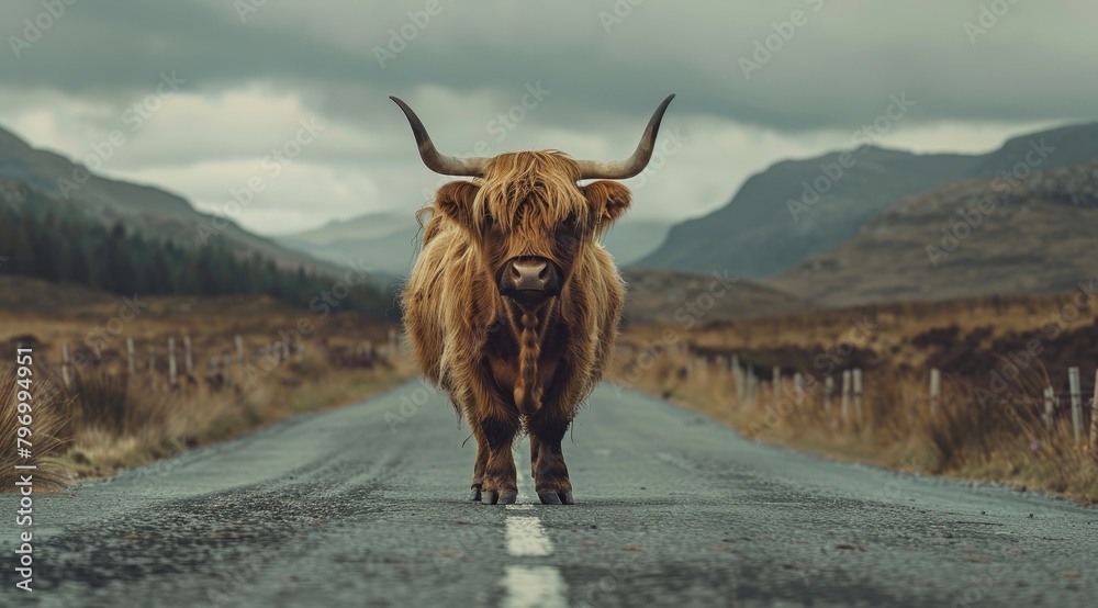 Highland Cow Standing on a Remote Road with Scenic Mountain Background ...
