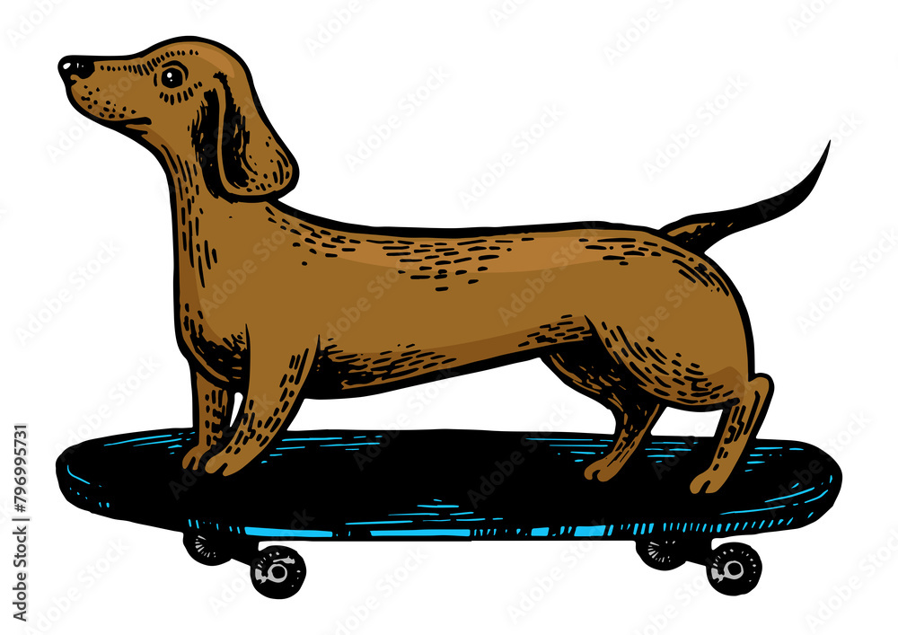 Dachshund dog ride on skateboard color sketch engraving PNG ...