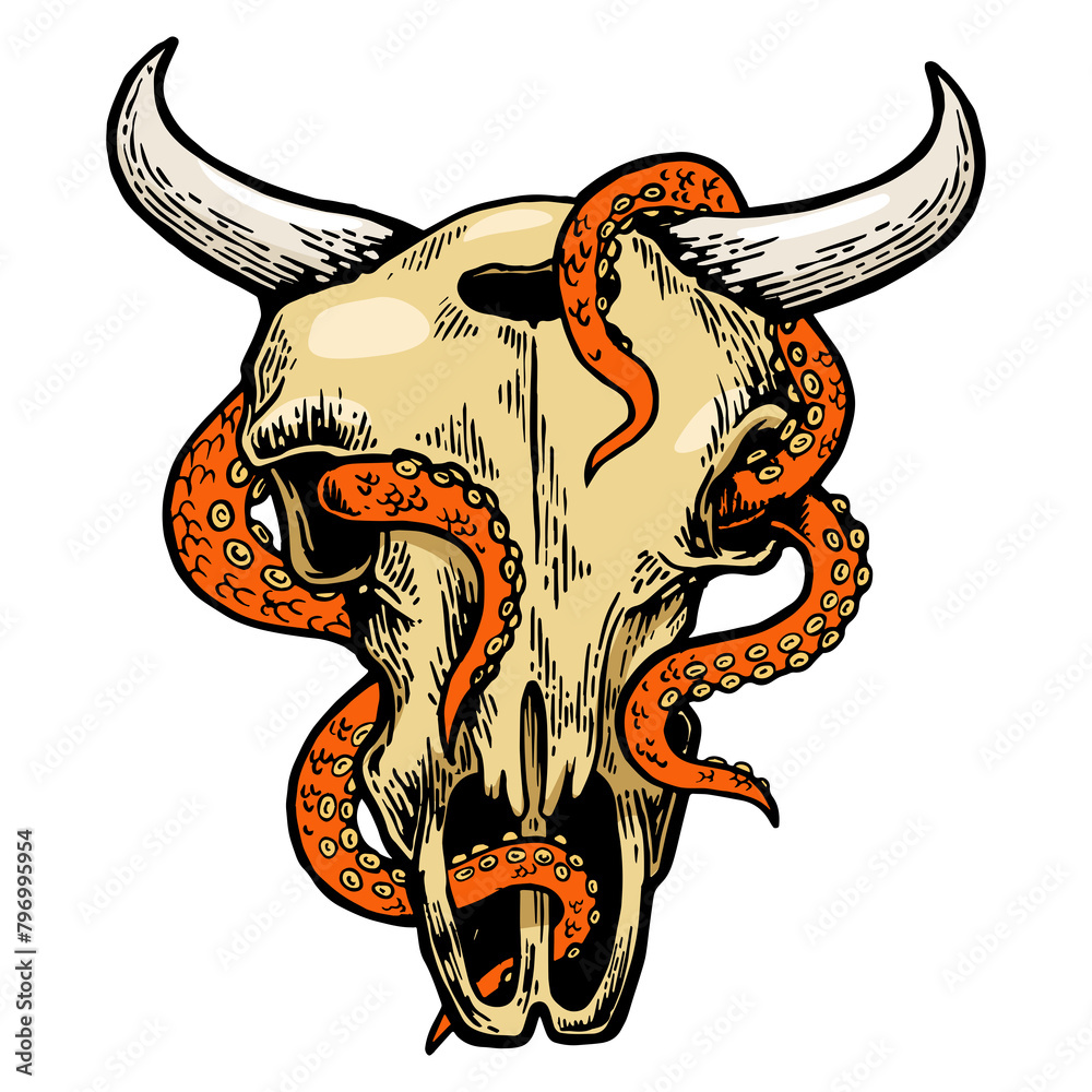 Octopus in cow skull color sketch engraving PNG illustration. Scratch ...