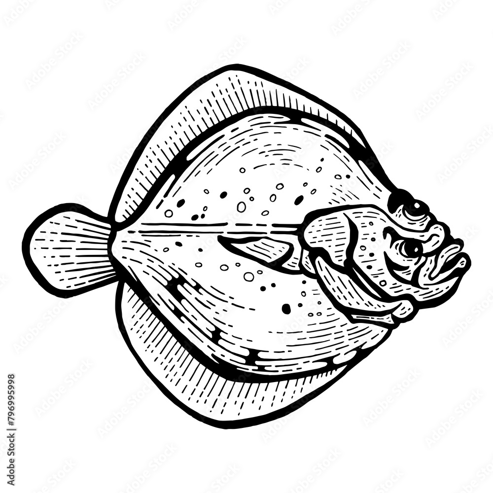 Flounder flatfish plaice fish animal sketch engraving PNG illustration ...