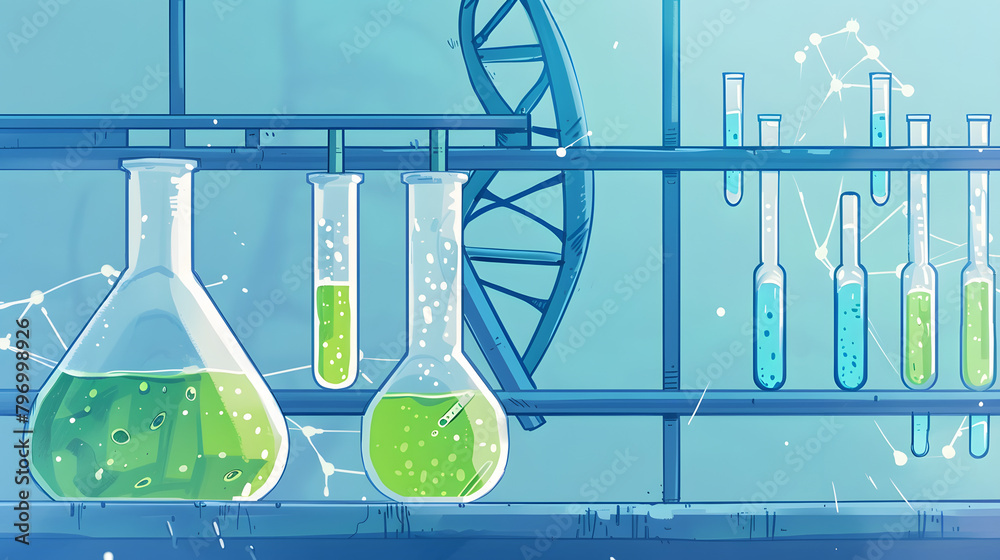 A blue background with two beakers filled with green liquid and three ...