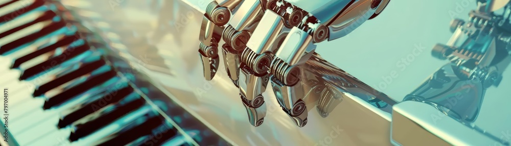 The futuristic setting of a metallic robot commanding the keys of a ...