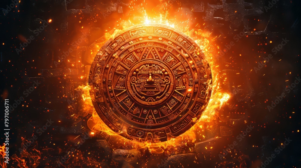 Fiery Aztec calendar motif engulfed in flames and sparks, representing ...