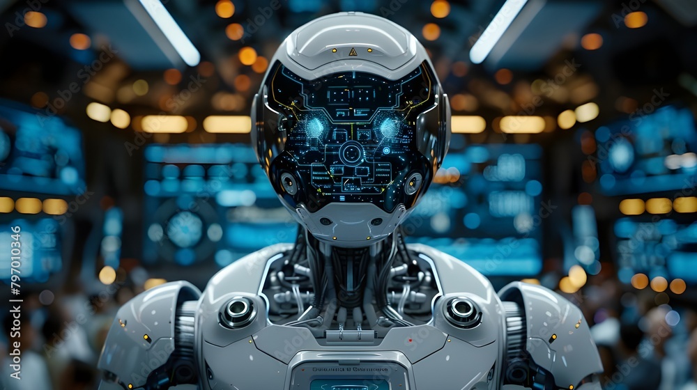 Cyborg cyberpunk style wallpaper. AI leading politics, depicted as a ...