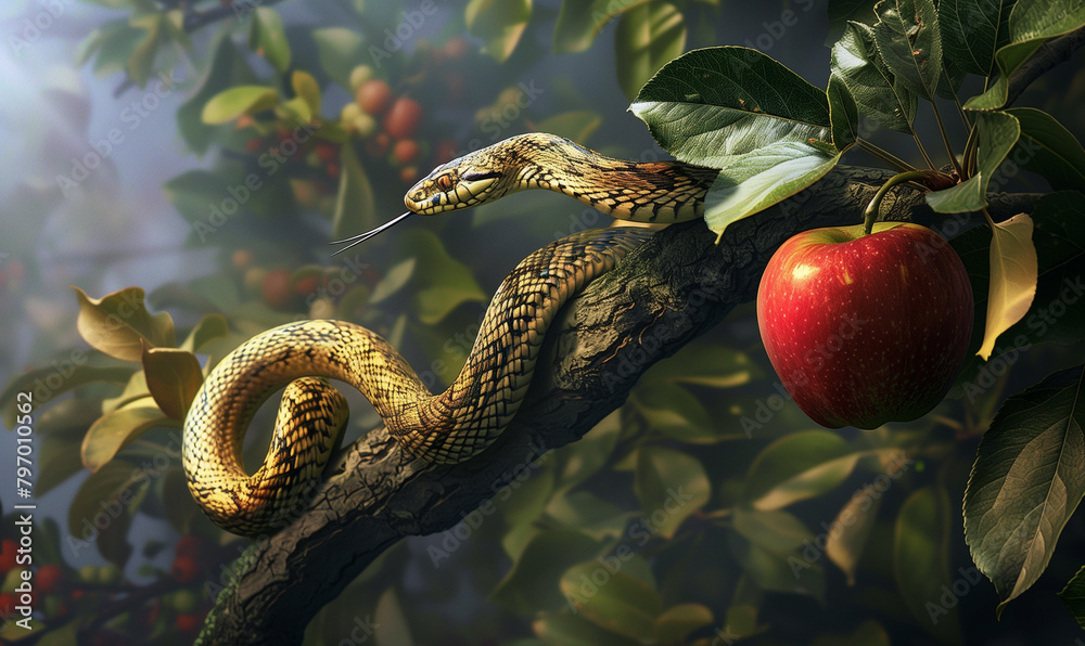 View of a snake and an apple, symbolizing original sin. This motif ...