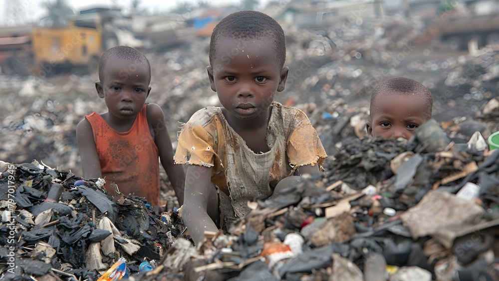 Homeless children in ragged clothes sorting recyclables at city dump ...