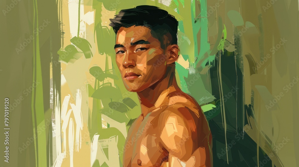 Shirtless Asian boxer showcases athletic physique, a representation of ...