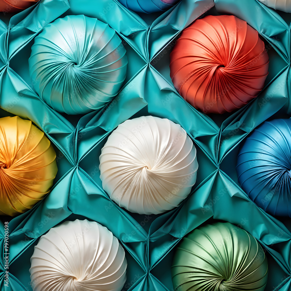 Vibrant tufted fabric circles in a sea of teal textile, a luxurious ...