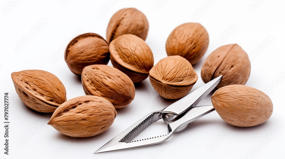 Walnuts and peeling equipment arranged on a pristine white background ...