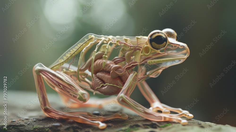 An intricate illustration showing the skeletal structure of a frog in ...