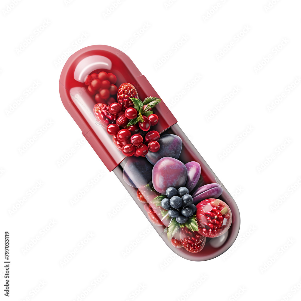 Vibrant Capsule: A Red Transparent Pill Bursting with a Rainbow of ...