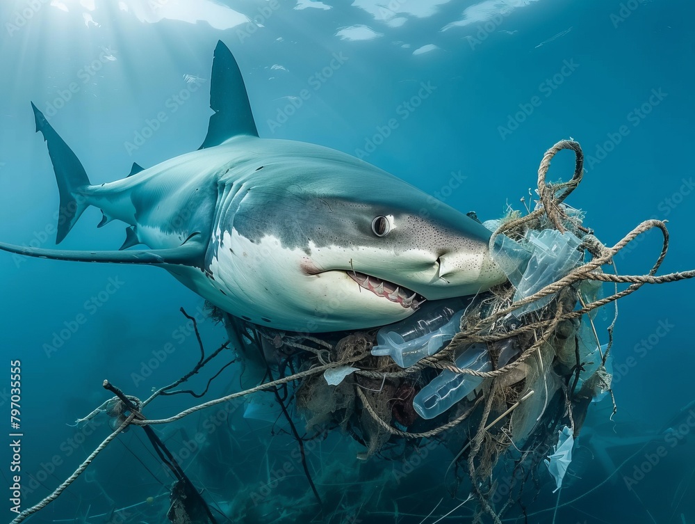 The great shark in plastic garbage. The concept of ocean pollution and ...