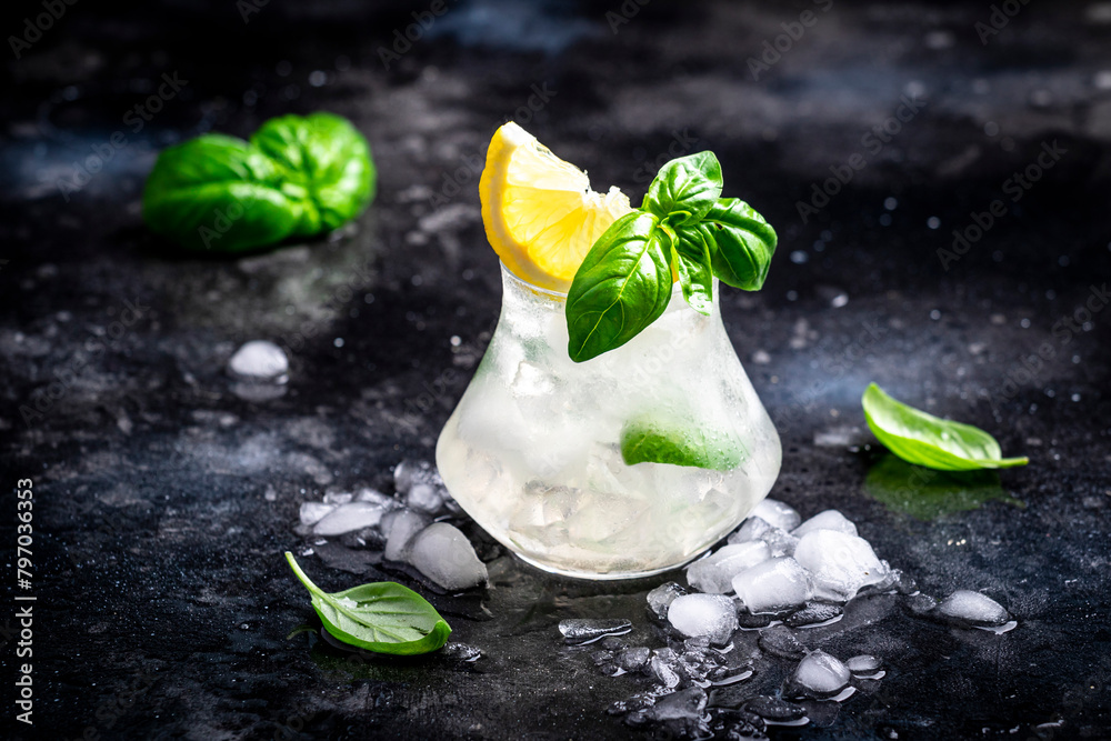 Summer icy cocktail drink with mezcal, liqueur, sugar syrup, lemon ...