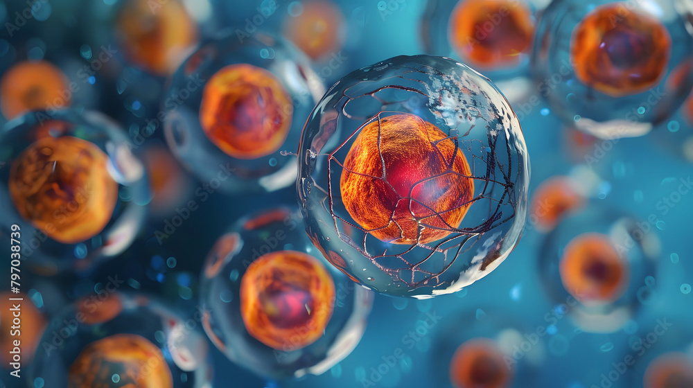 A closeup of cells in a human cell line. with one large cell surrounded ...