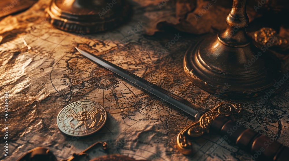 Medieval theme background with dagger, vintage map on table. Stock ...