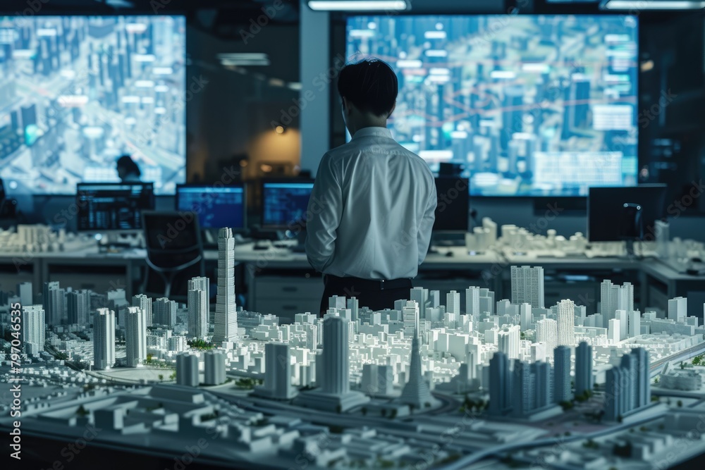 Skilled civil engineer planning urban city plan by using model at table ...