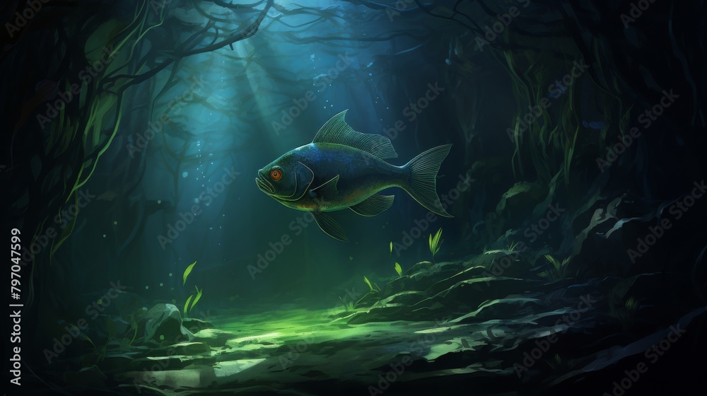 Mystical underwater scene depicting a blind cave fish in a jungle ...