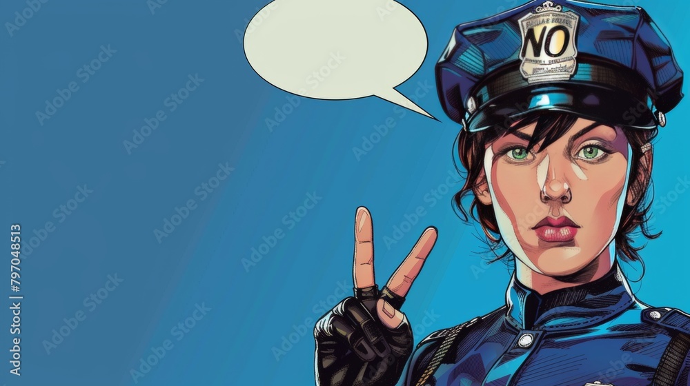 Vector illustration of female police officer with hand gesture. Comic ...