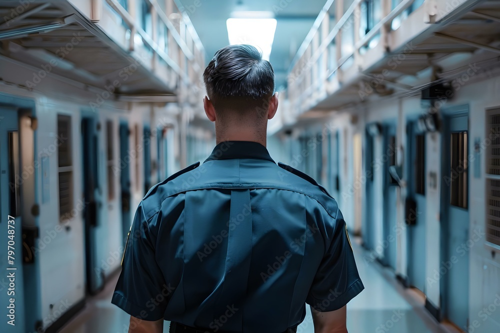 A vigilant male prison guard ensuring safety and order in a prison ...