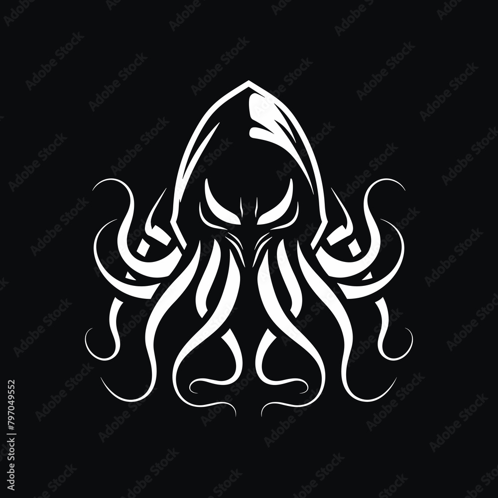 Hacker octopus white vector logo on a black background. Octopus logo ...