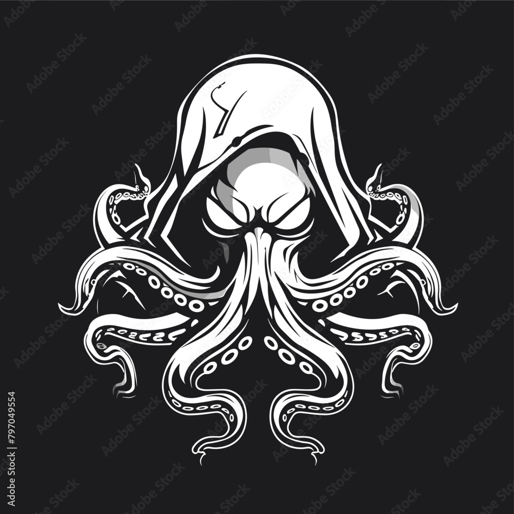 Hacker octopus white vector logo on a black background. Octopus logo ...