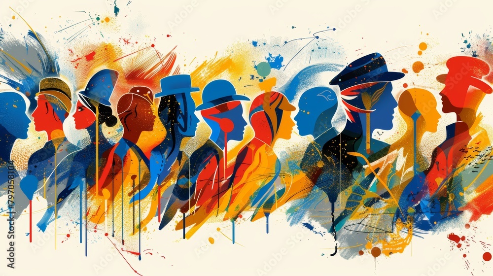 Abstract linear drawing of people of different nationalities with ...