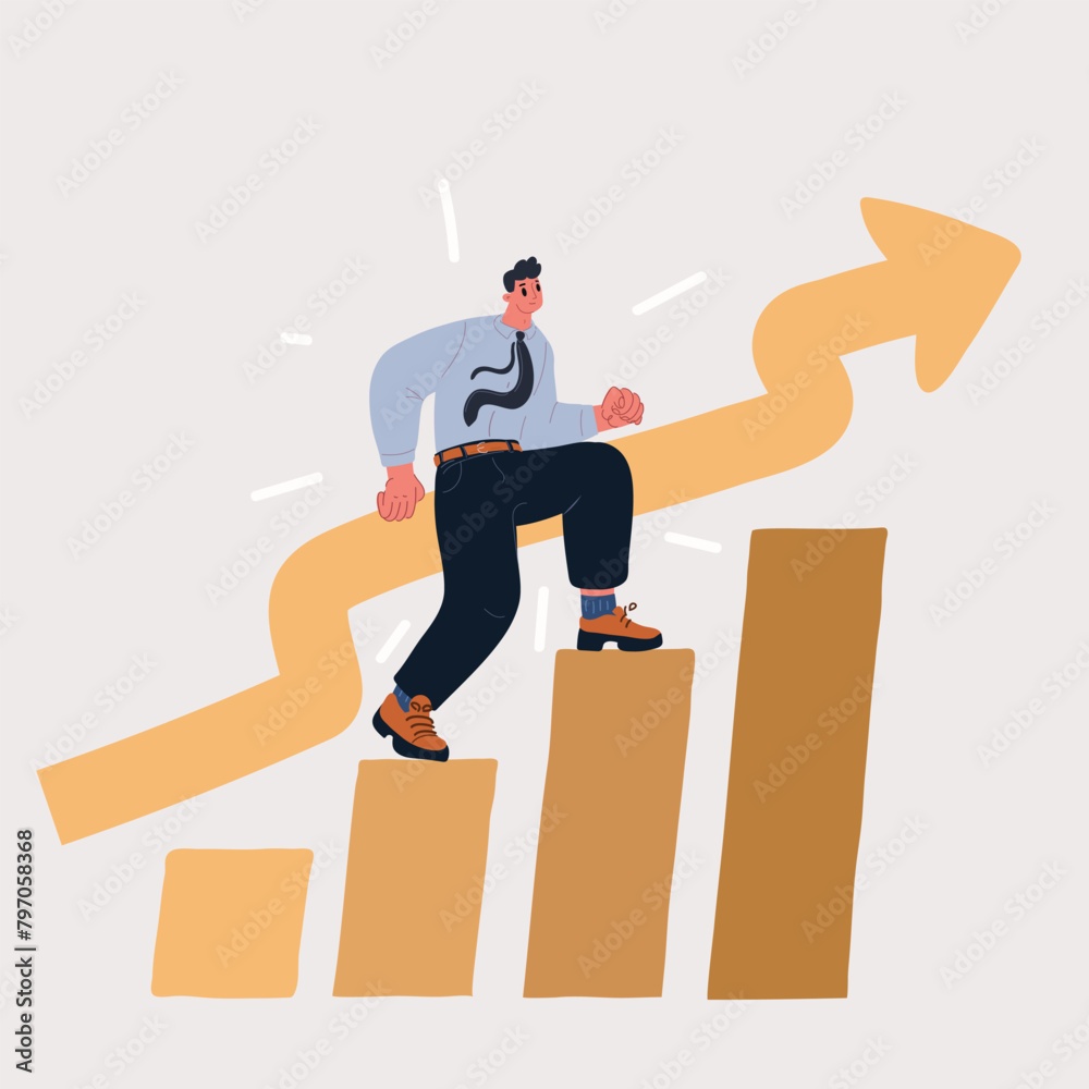 Cartoon vector illustration of man walking on a stairway leading up to ...