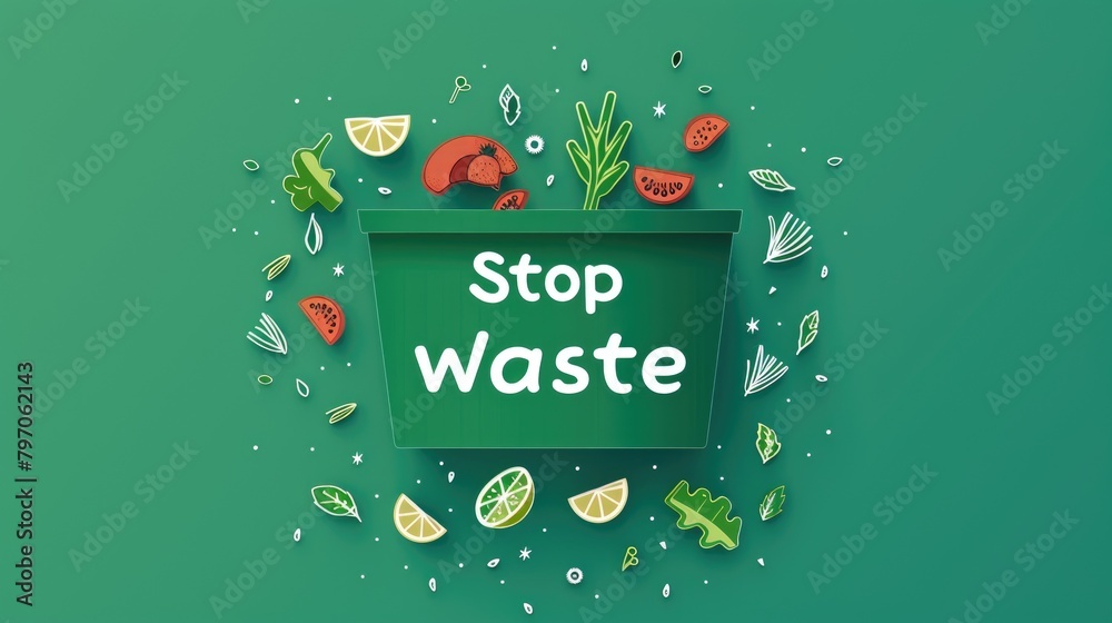 Stop Food Waste Environmental Awareness Design. A vivid, green-themed ...