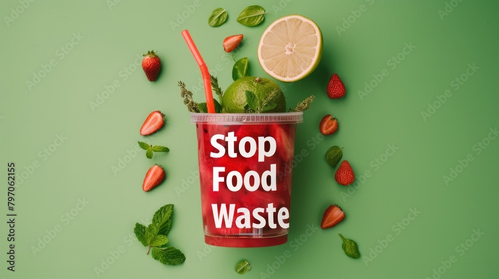 Stop Food Waste Environmental Awareness Design. A vivid, green-themed ...