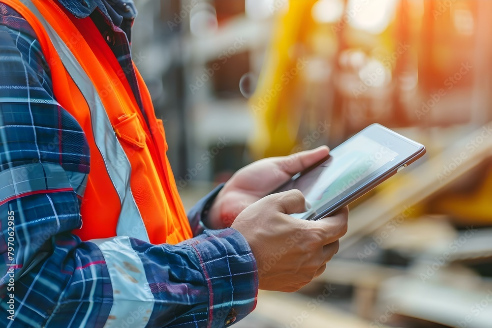 Construction workers using technology to plan and build structures on ...