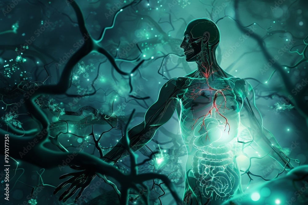 The skeletal and vascular systems shine brightly within. With a ...