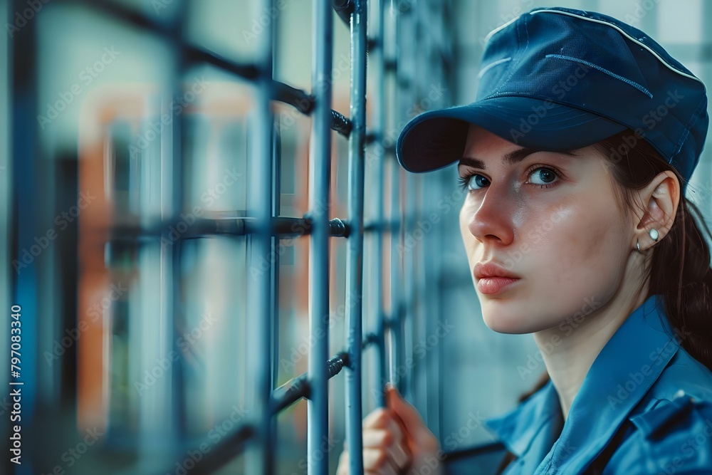 Female prison guard in uniform ensuring safety and order in prison ...