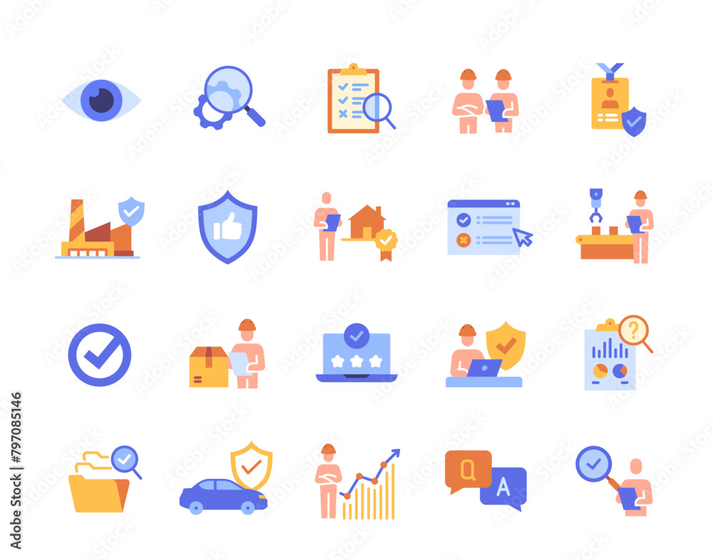 Set of inspection related colorful icons. Bright symbols with inspector ...