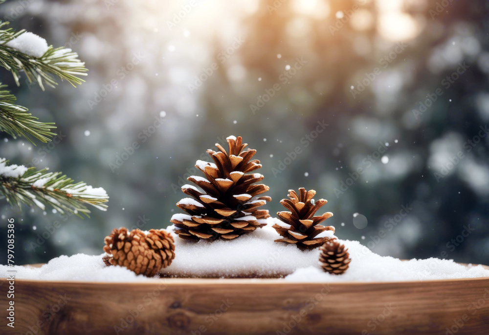 'winter snow cone pine wooden mockup product podium splay photo poduim ...