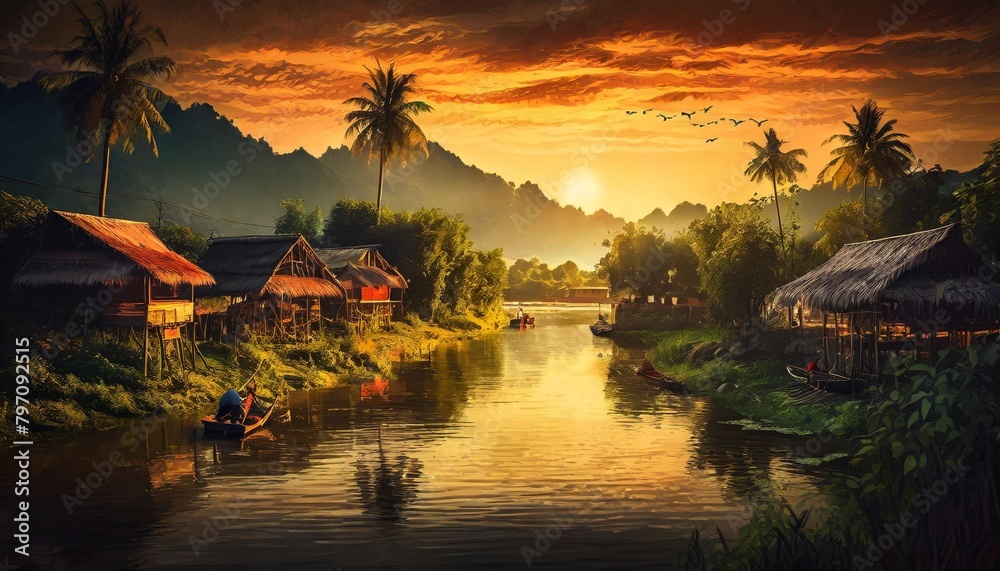 painting style illustration of beautiful nature landscape of rural ...