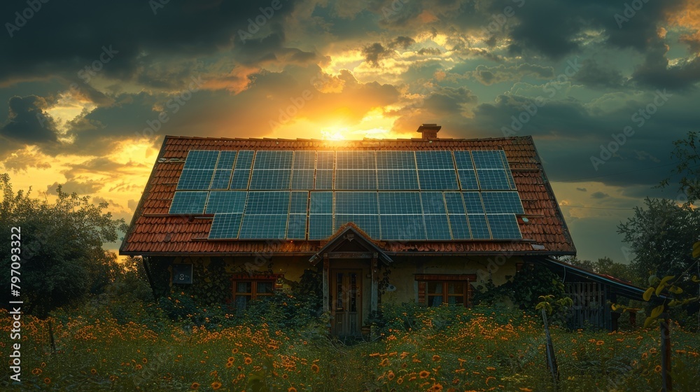 This is a picture of solar panels on the roof of a house in bad weather ...