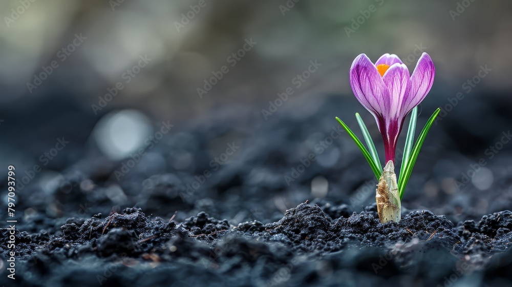 The corm of Crocus sativus with its stem and young growth close-up on a ...