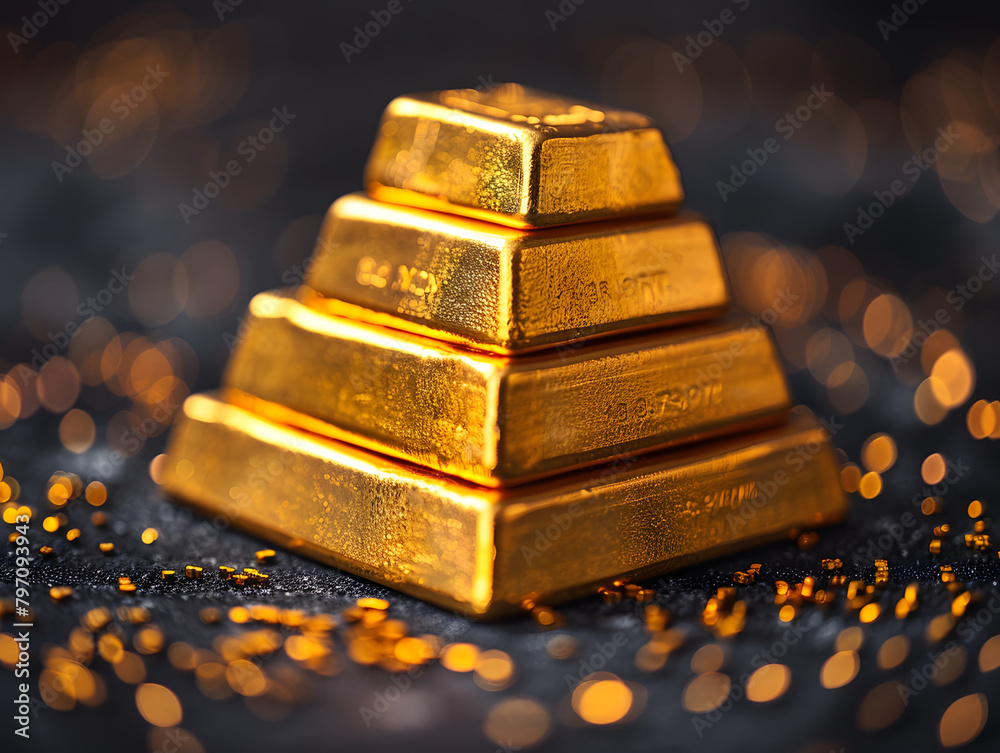 Pyramid of gold bullion bars on a textured dark background with golden ...