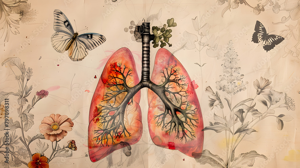 A human lung is displayed at the core of a drawing. encompassed by ...