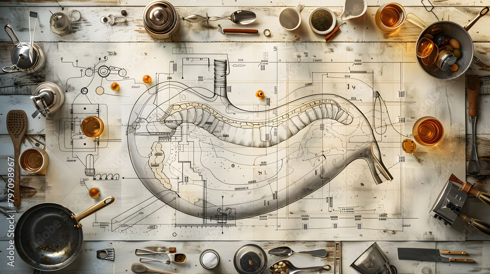 A human stomach is exhibited in the nucleus of a blueprint. encircled ...