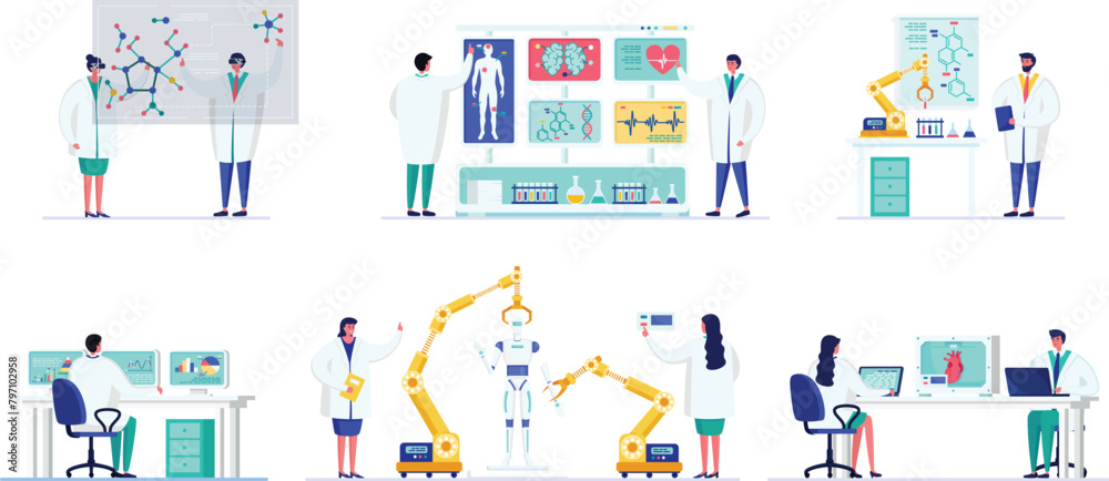 Scientists presenting molecular structures, researchers analyzing ... Scientists presenting molecular structures, researchers analyzing ...