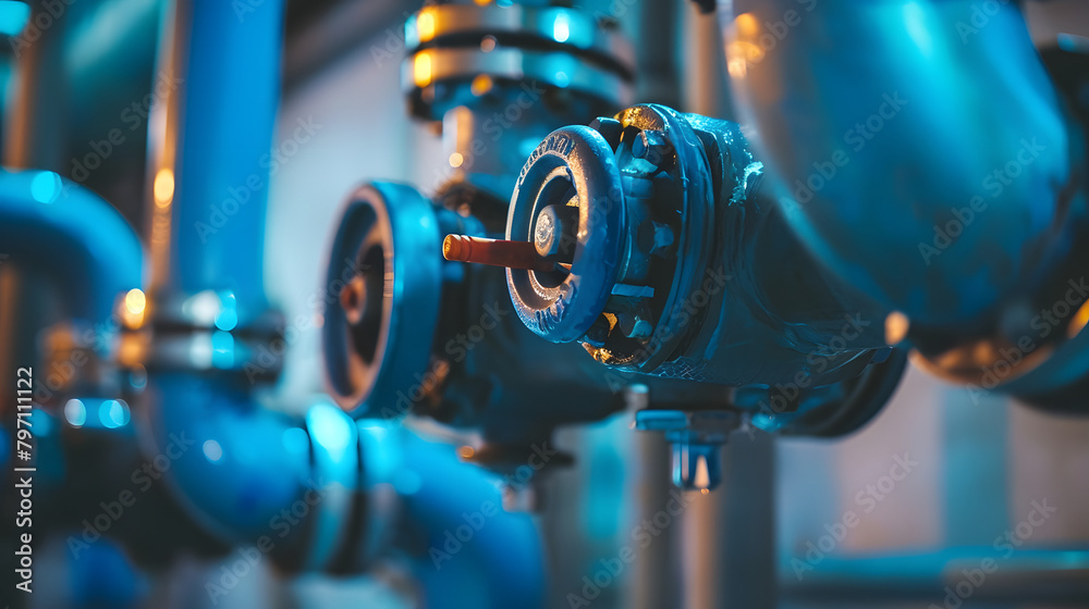 A photo of an industrial water system with multiple pipes and enamels ...