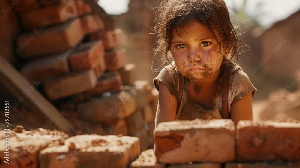 A young girl working in a brick factory, with a sad expression on her ...
