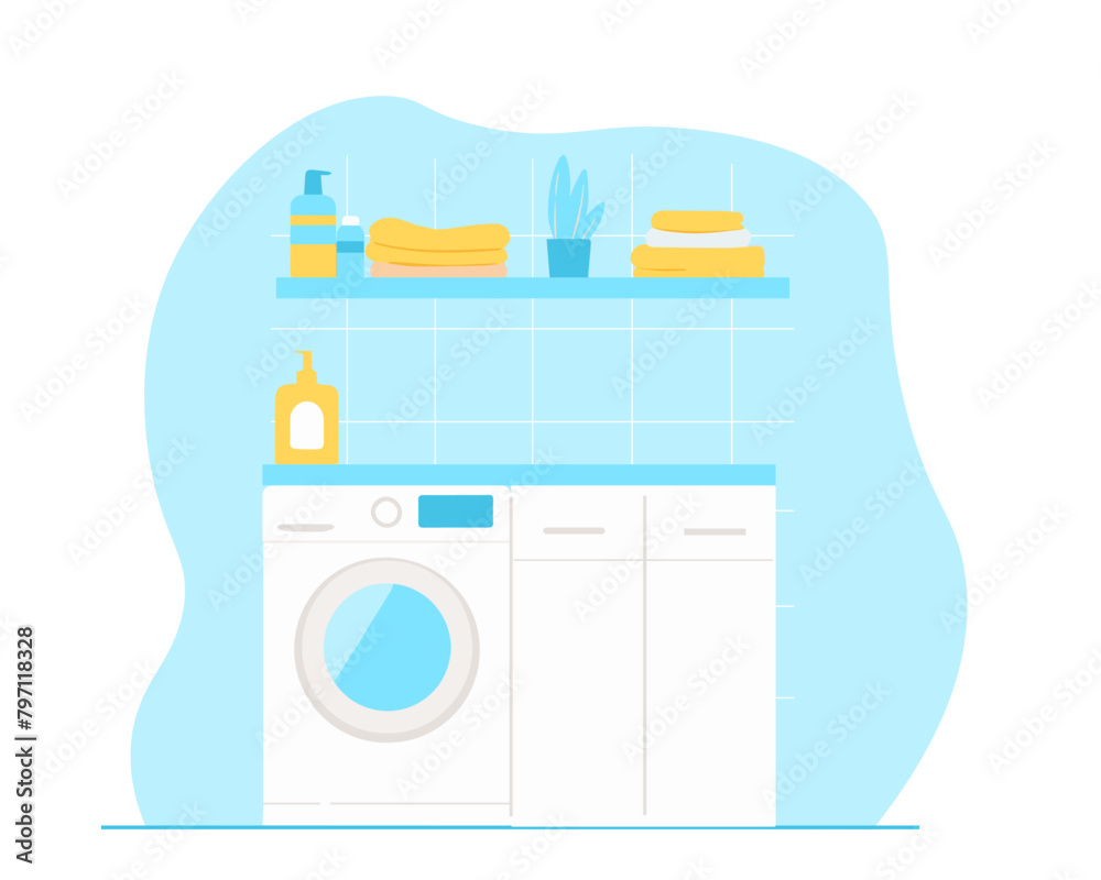 Laundry room with washing machines on flat background. Room interior ...