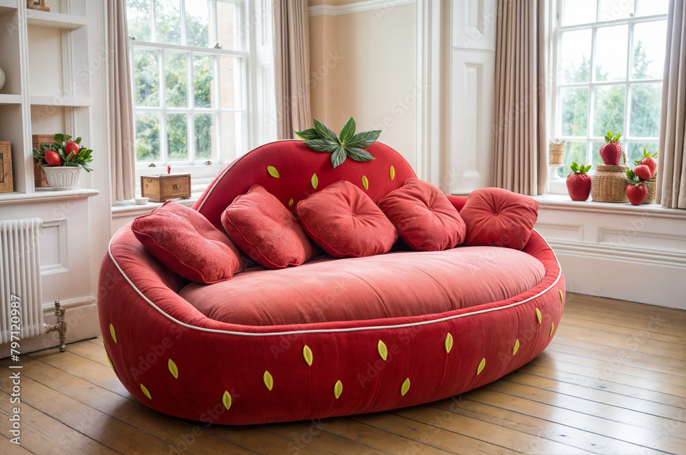 Red couch designed like strawberry, with pillows and green felt leaf on ...