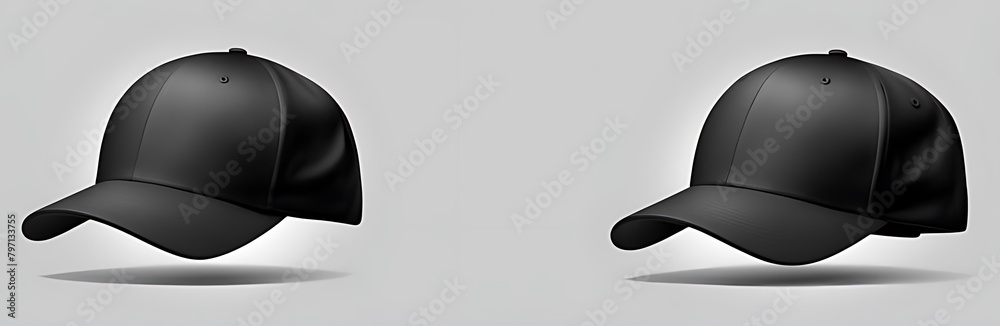 Set of black front and side view hat baseball cap cutout, . Mockup ...