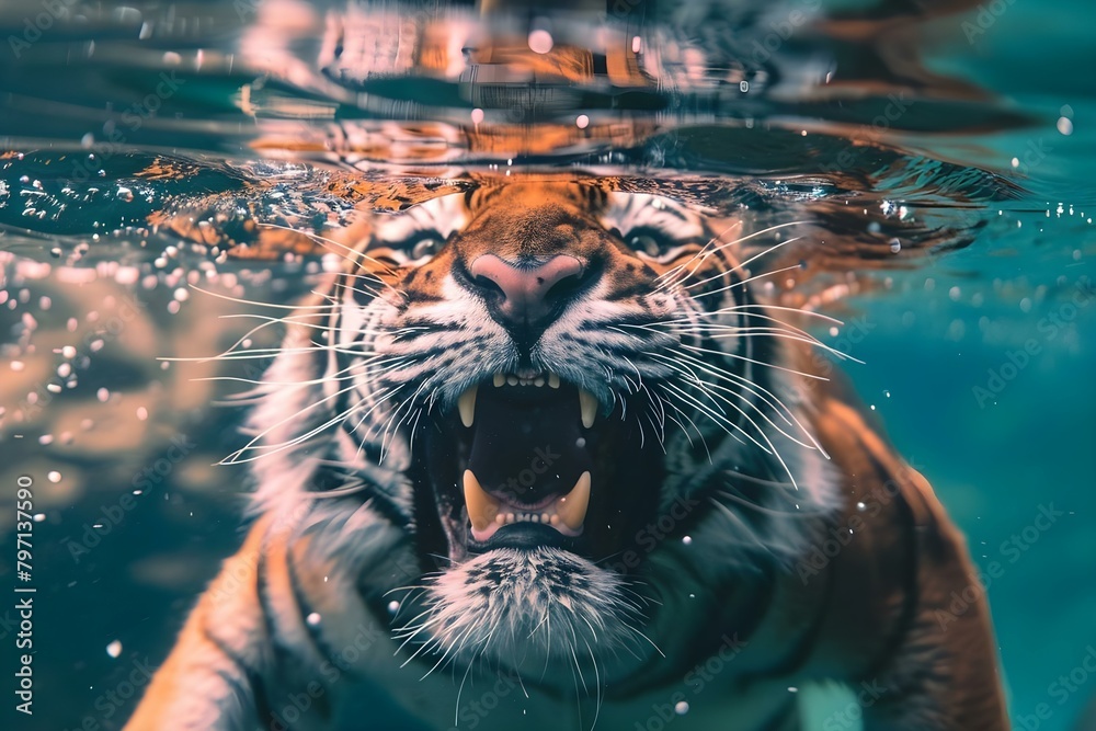 Closeup photo of a tiger swimming underwater with its mouth open ...