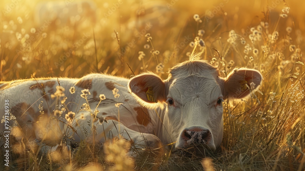 contented cow lying down in a field of tall grass, basking in the ...